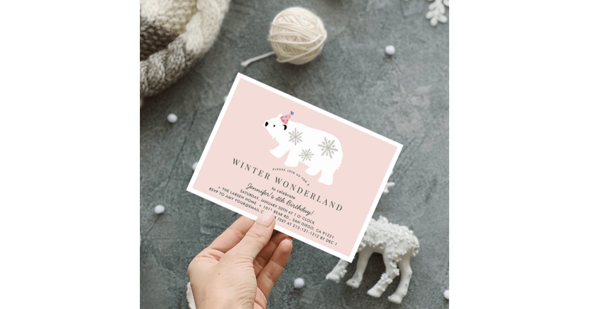 Polar Bear Winter Wonderland Pink Birthday Invitation | Zazzle