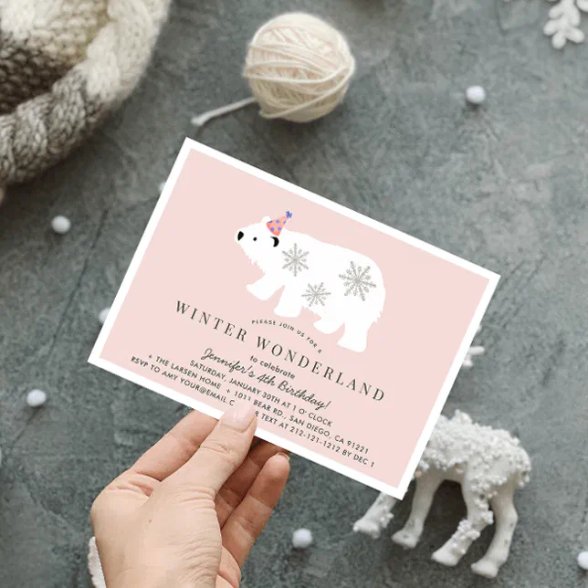 Polar Bear Winter Wonderland Pink Birthday Invitation | Zazzle