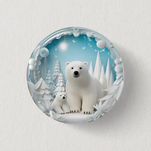 Polar Bear with Cub Arctic Ocean White Winter Button | Zazzle
