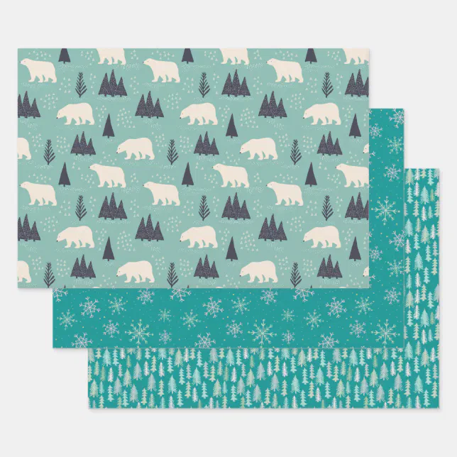 Polar Bears and Forest Bundle: Teal Blue Wrapping Paper Sheets | Zazzle