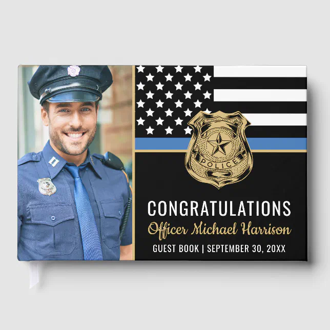Police Academy Graduation Party Photo Blue Line Guest Book | Zazzle