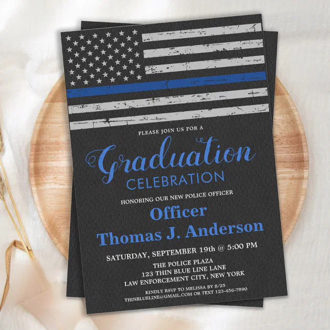 Police Academy Graduation Thin Blue Line Officer Invitation | Zazzle