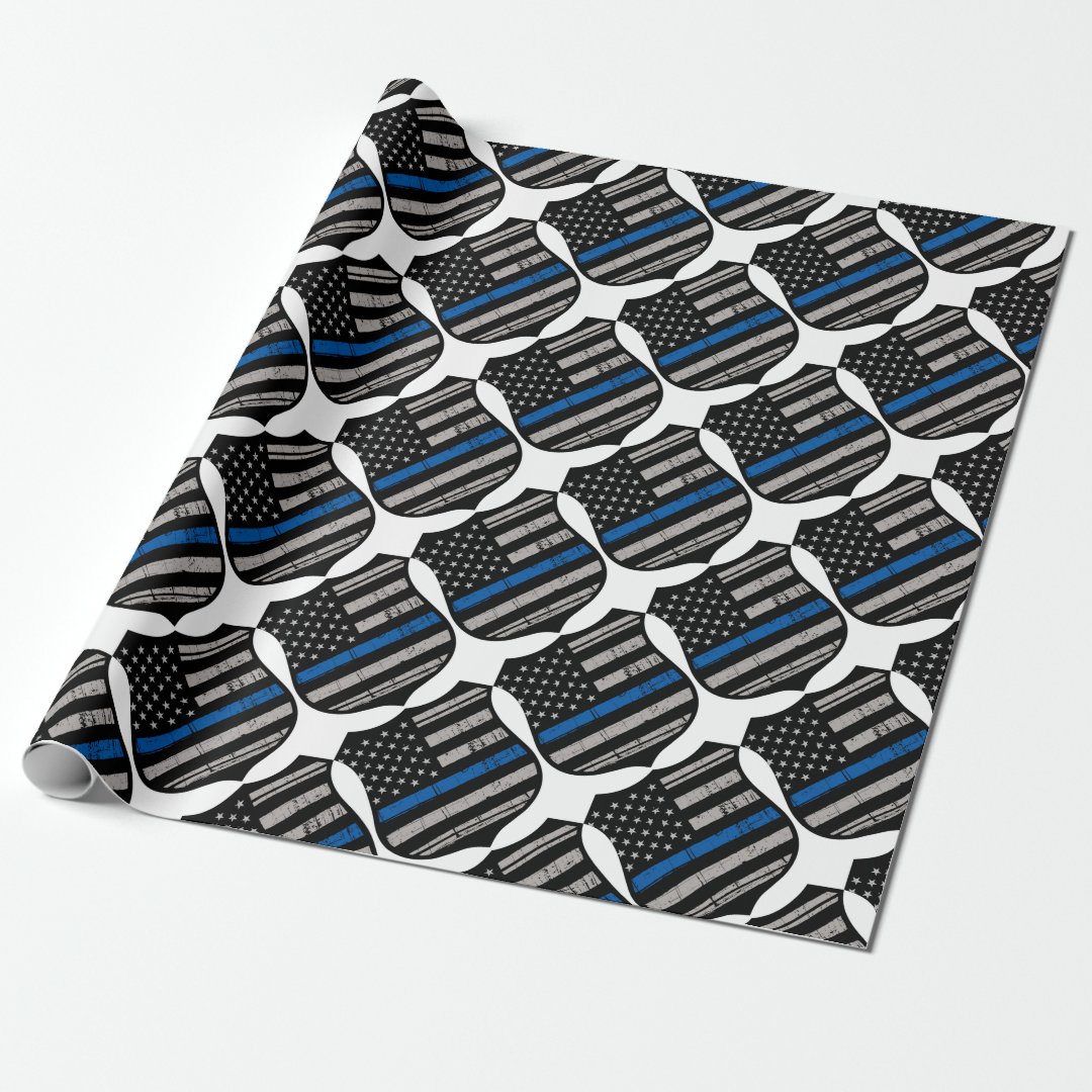 Police Badge Blue Line Wrapping Paper | Zazzle