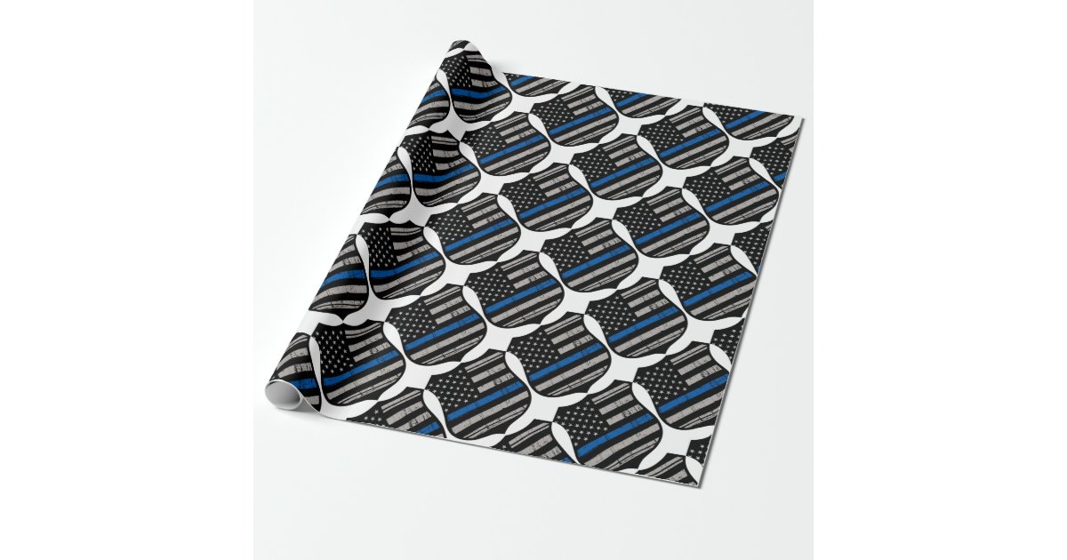 Police Badge Blue Line Wrapping Paper | Zazzle