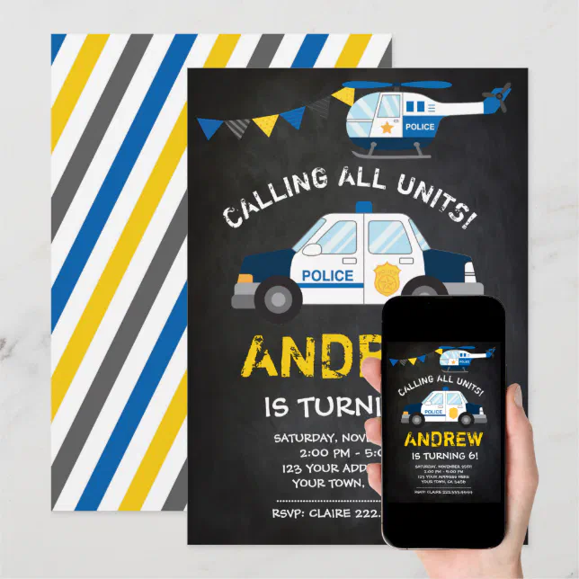Police Birthday Invitation, Chalkboard background Invitation | Zazzle
