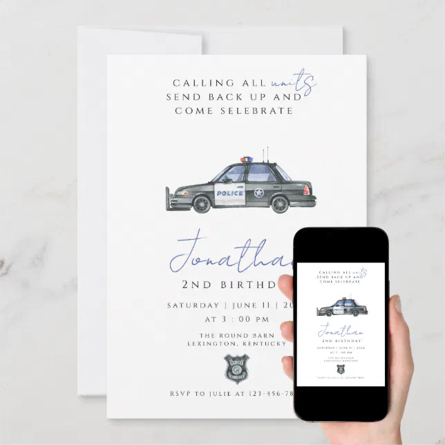 Police Birthday Officer Policeman cop car Invitation | Zazzle