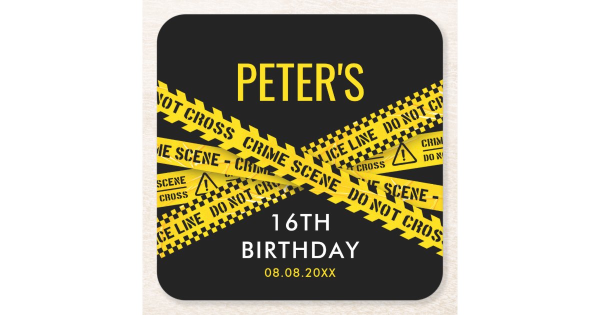 Police Birthday with Yellow Crime Scene Tapes Square Paper Coaster | Zazzle