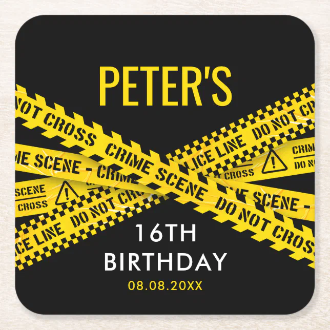 Police Birthday with Yellow Crime Scene Tapes Square Paper Coaster | Zazzle