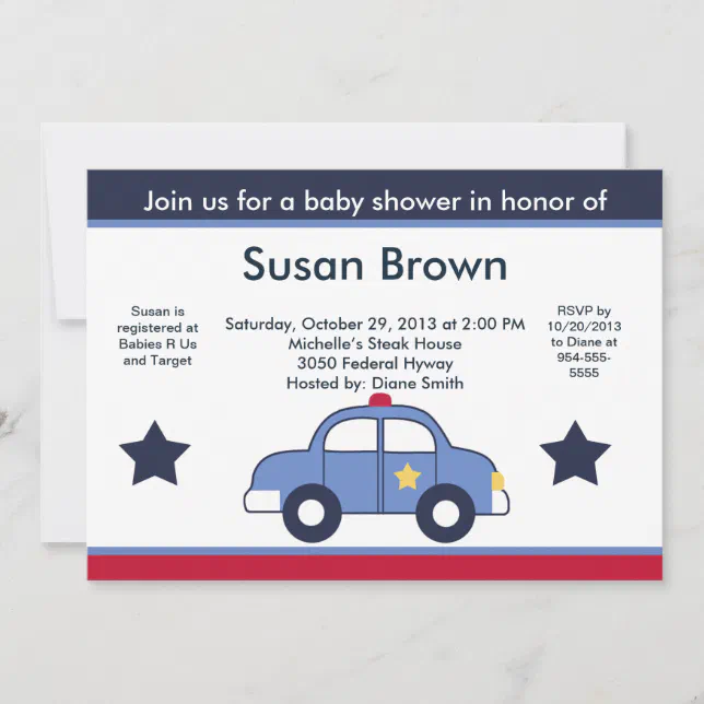 Police Car Baby Shower Invitation | Zazzle
