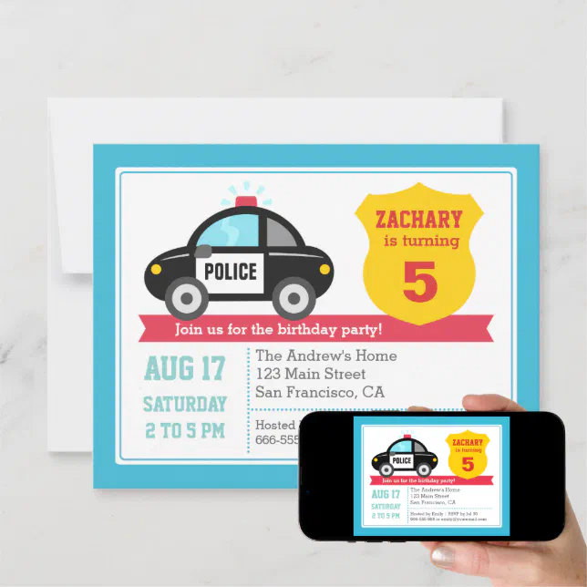 Police Car Kids Birthday Party Invitation | Zazzle