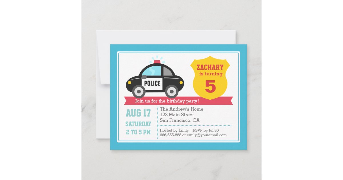 Police Car Kids Birthday Party Invitation | Zazzle