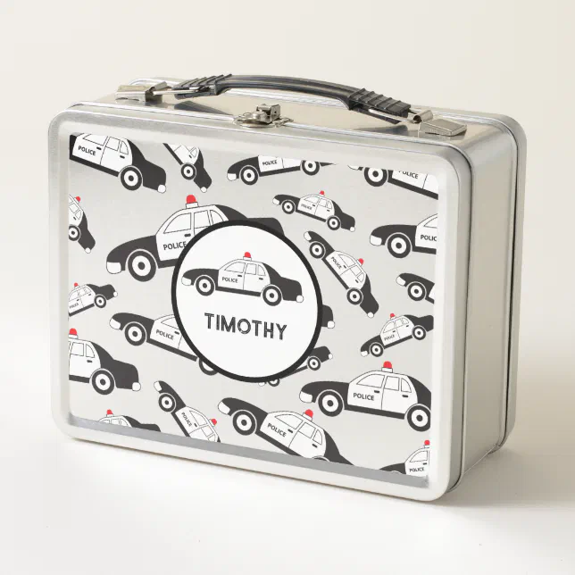 Police Car Pattern Custom Name Metal Lunch Box | Zazzle