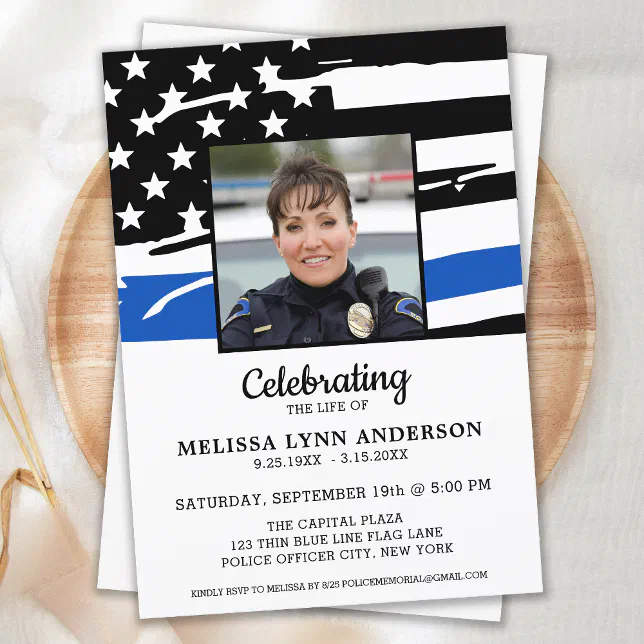 Police Celebration Of Life Thin Blue Line Memorial Invitation | Zazzle