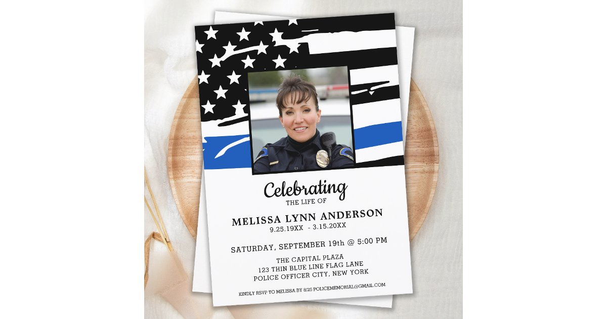 Police Celebration Of Life Thin Blue Line Memorial Invitation | Zazzle