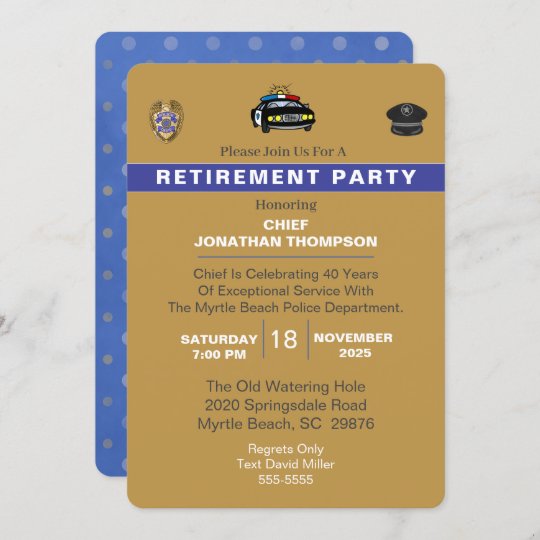 Police Chief Blue Line Gold Retirement Invitation | Zazzle.com