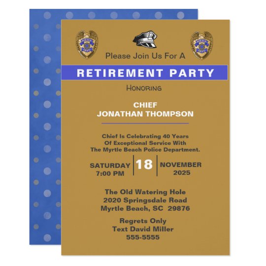 Police Chief Blue Line Gold Retirement Invitation | Zazzle.com