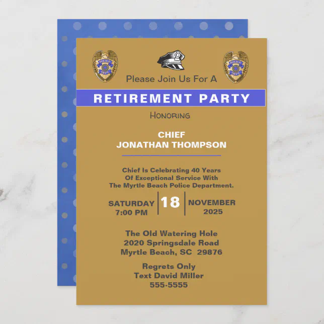 Police Chief Blue Line Gold Retirement Invitation | Zazzle