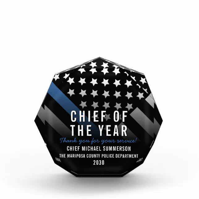 Police Chief Officer of the Year Thin Blue Line Acrylic Award | Zazzle