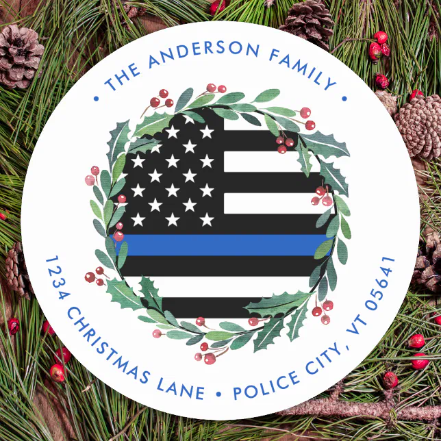 Police Christmas Blue Flag Wreath Return Address Classic Round Sticker ...