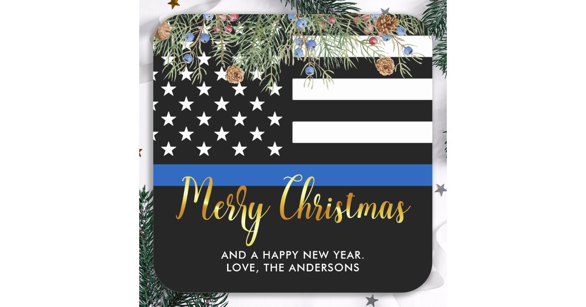 Police Christmas Law Enforcement Thin Blue Line Square Sticker | Zazzle