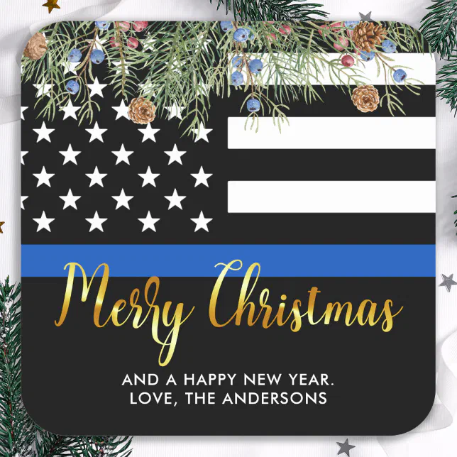 Police Christmas Law Enforcement Thin Blue Line Square Sticker | Zazzle