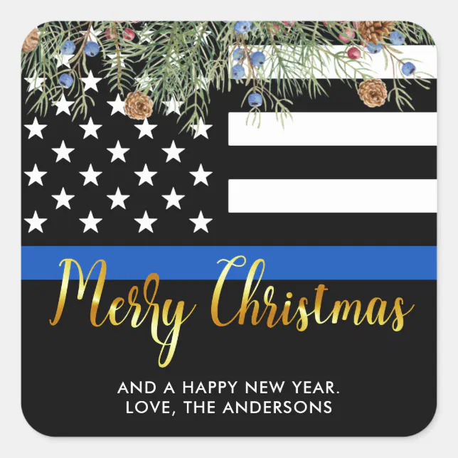 Police Christmas Law Enforcement Thin Blue Line Square Sticker Zazzle