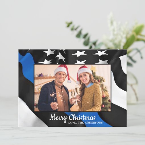 Police Christmas Thin Blue Line American Flag Holiday Card | Zazzle