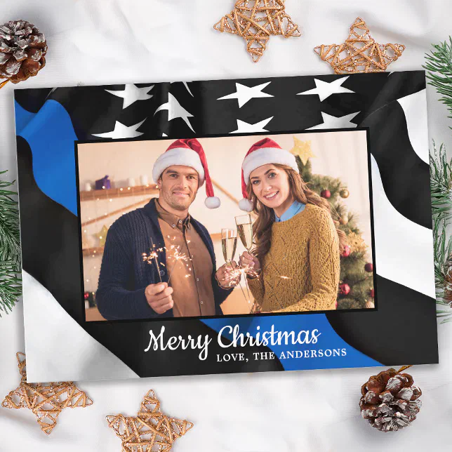 Police Christmas Thin Blue Line American Flag Holiday Card | Zazzle