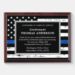 Police Custom Years Service Blue Law Enforcement Award Plaque | Zazzle