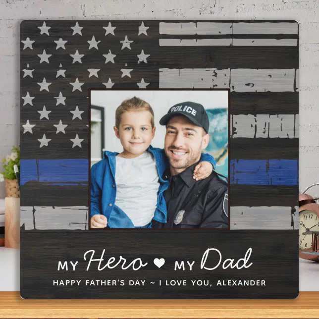 Police Dad Thin Blue Line Custom Photo Fathers Day Plaque | Zazzle