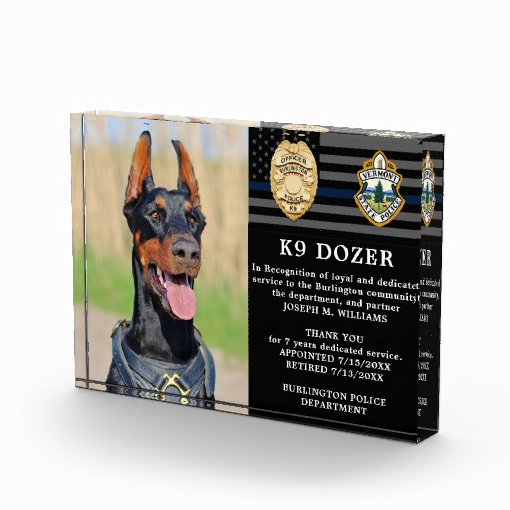 Police Dog Retirement Thin Blue Line K9 Photo Acrylic Award | Zazzle