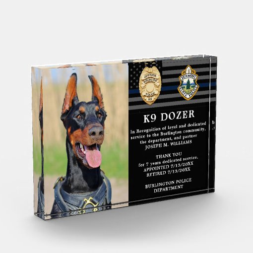 Police Dog Retirement Thin Blue Line K9 Photo Acrylic Award | Zazzle