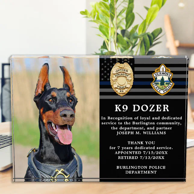 Police Dog Retirement Thin Blue Line K9 Photo Acrylic Award | Zazzle