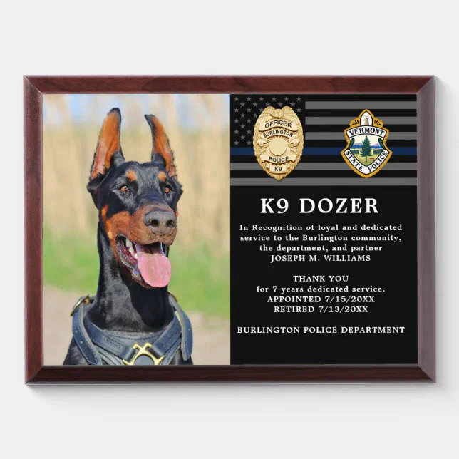 Police Dog Retirement Thin Blue Line K9 Photo Award Plaque | Zazzle