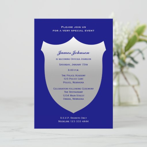 Police Graduation Invitations Silver Badge on Navy | Zazzle