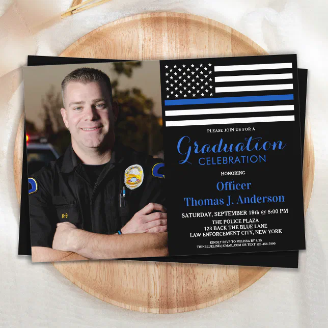 Police Graduation Officer Photo Thin Blue Line Invitation | Zazzle
