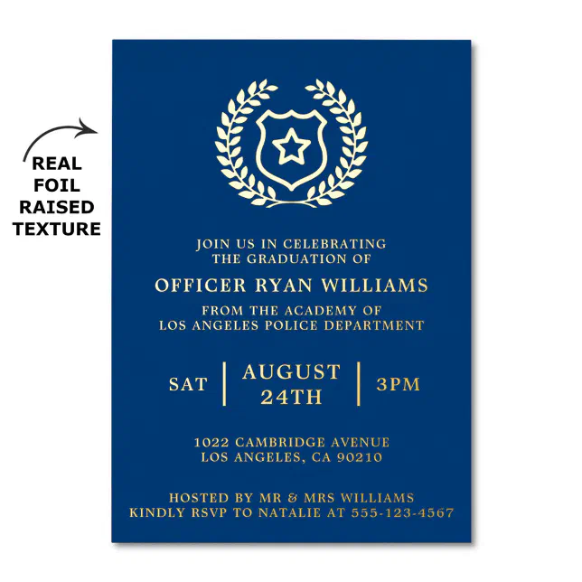 Police Graduation Party Navy Officer Badge Foil Invitation | Zazzle