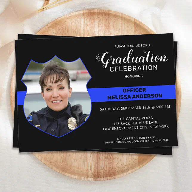 Police Graduation Party Photo Thin Blue Line Invitation | Zazzle