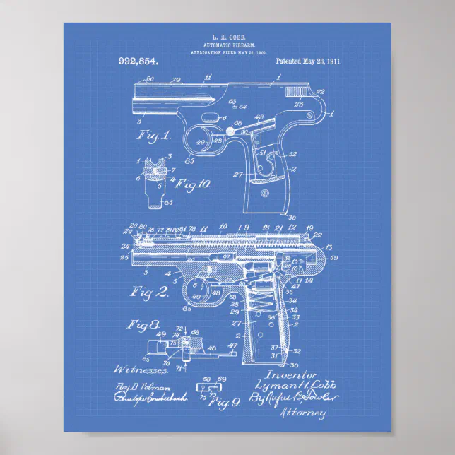 Police Gun 1911 Patent Art - Blueprint Poster | Zazzle