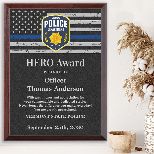 Police HERO Custom Logo Recognition Thin Blue Line Award Plaque | Zazzle