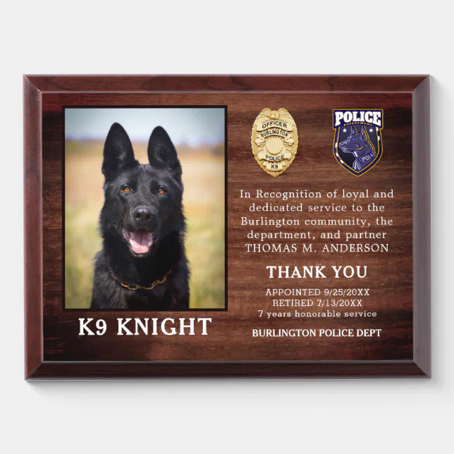 Police K9 Retirement Law Enforcement Officer Dog Award Plaque | Zazzle