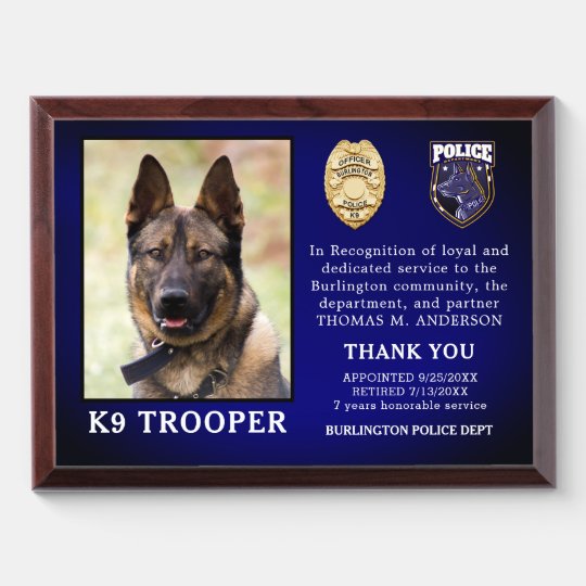 Police K9 Retirement Officer Dog Law Enforcement Award Plaque | Zazzle