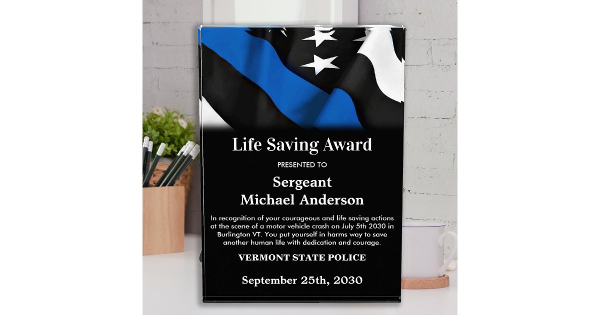 Police Life Saving Personalized Thin Blue Line Acrylic Award | Zazzle