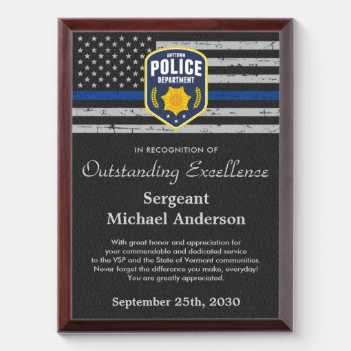 Police Officer Custom Logo Blue Line Recognition Award Plaque | Zazzle
