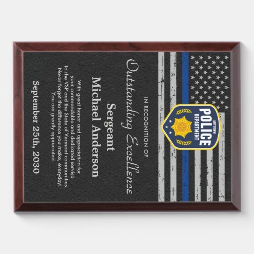 Police Officer Custom Logo Blue Line Recognition Award Plaque | Zazzle