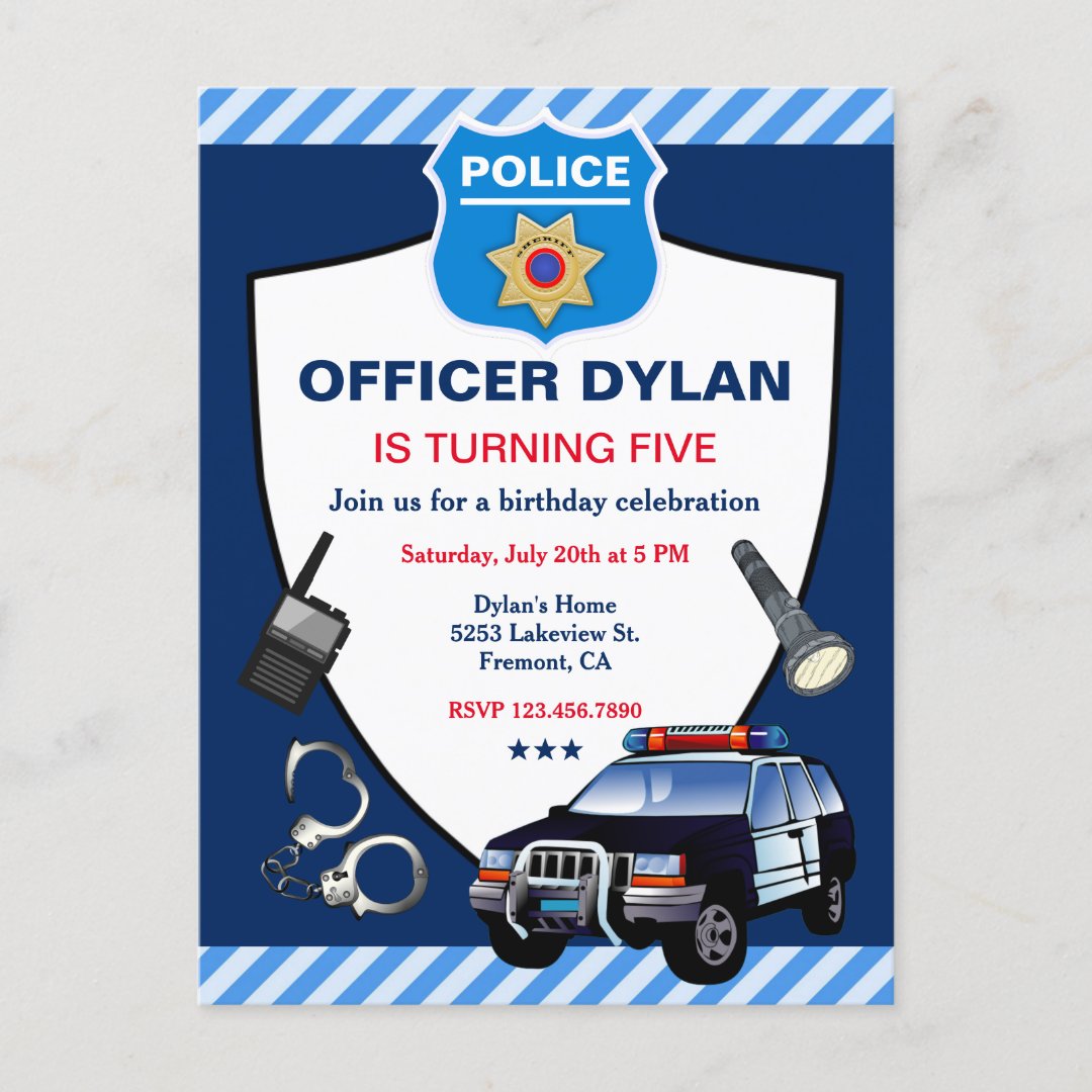 Police Officer Kids Birthday Party Invitation Postcard | Zazzle