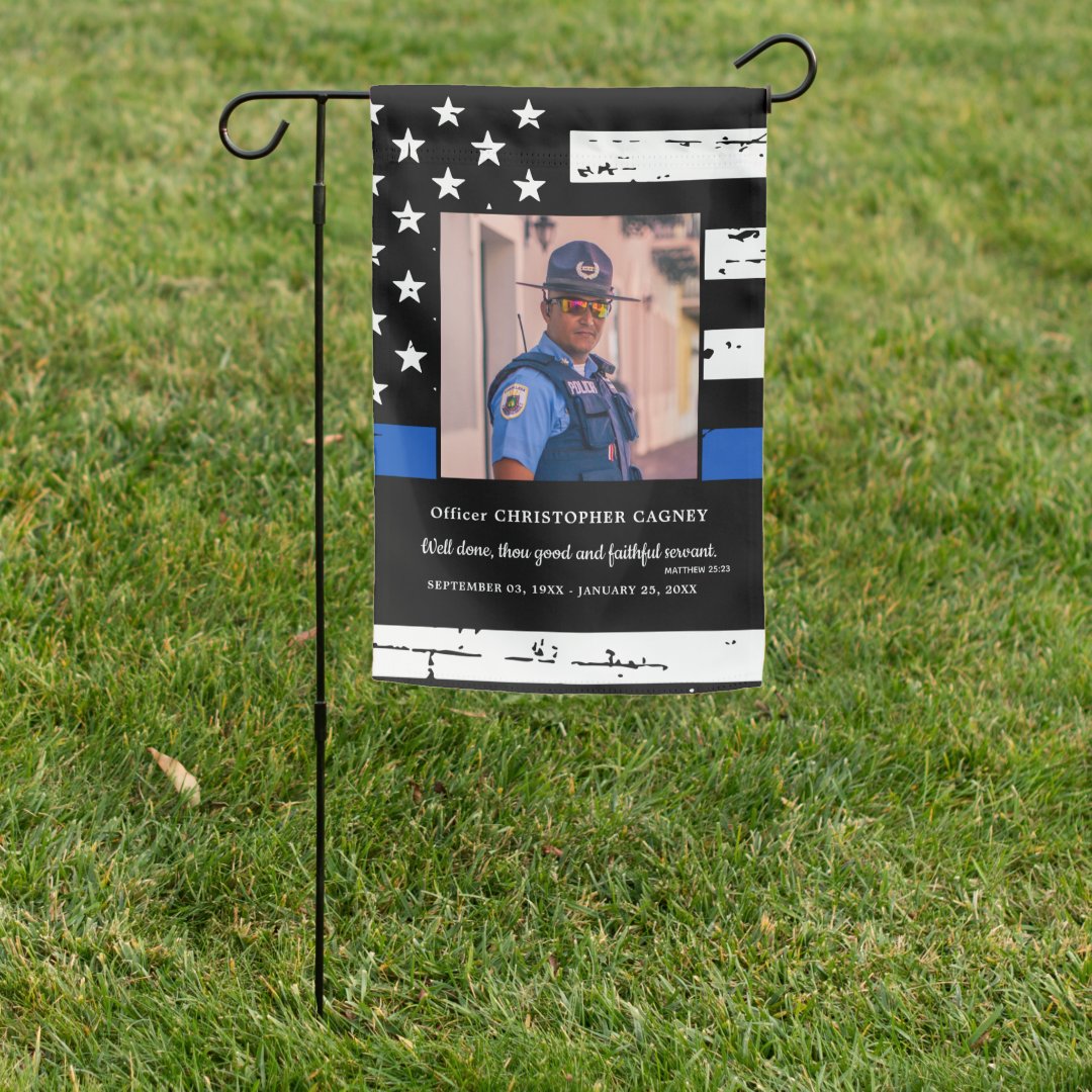 Police Officer Memorial Thin Blue Line Photo Garden Flag | Zazzle