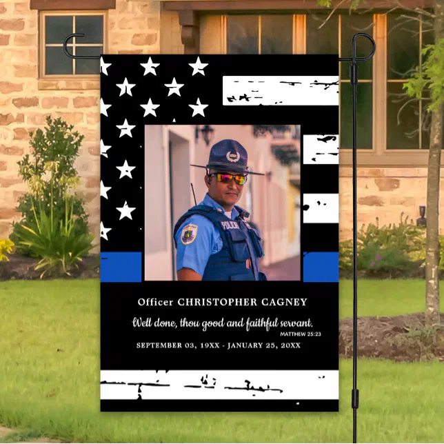 Police Officer Memorial Thin Blue Line Photo Garden Flag | Zazzle