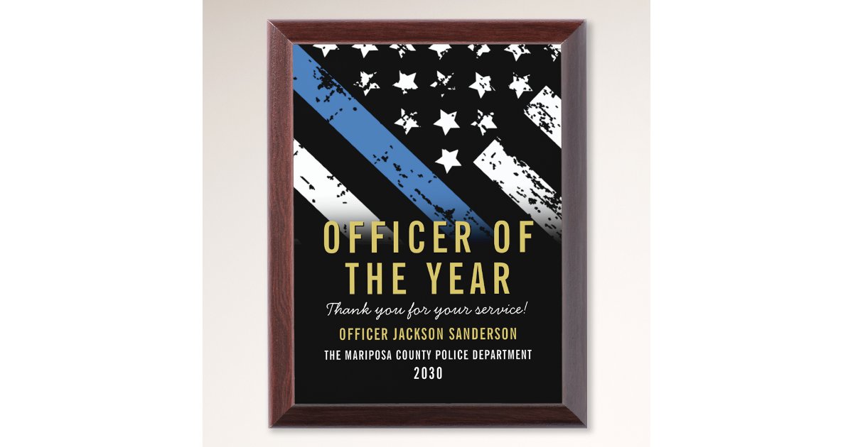 Police Officer of the Year Blue Line Flag Employee Award Plaque | Zazzle