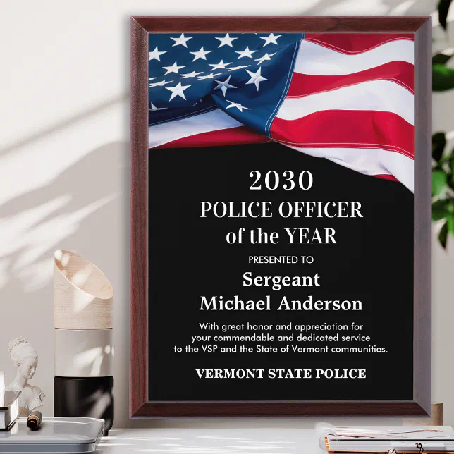 Police Officer Of The Year Custom US American Flag Award Plaque | Zazzle